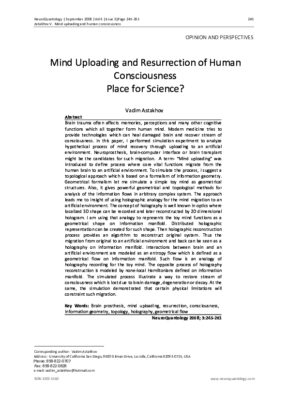(PDF) Mind Uploading and Resurrection of Human Consciousness. Place for ...