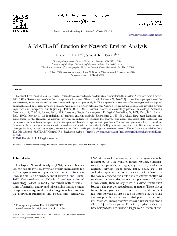 (PDF) A MATLAB function for Network Environ Analysis