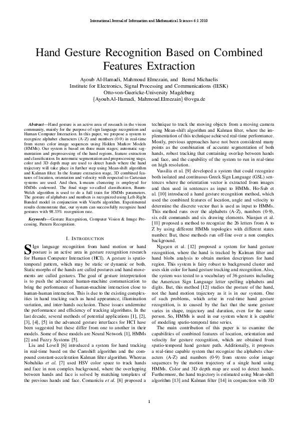 (PDF) Hand Gesture Recognition Based on Combined Features Extraction