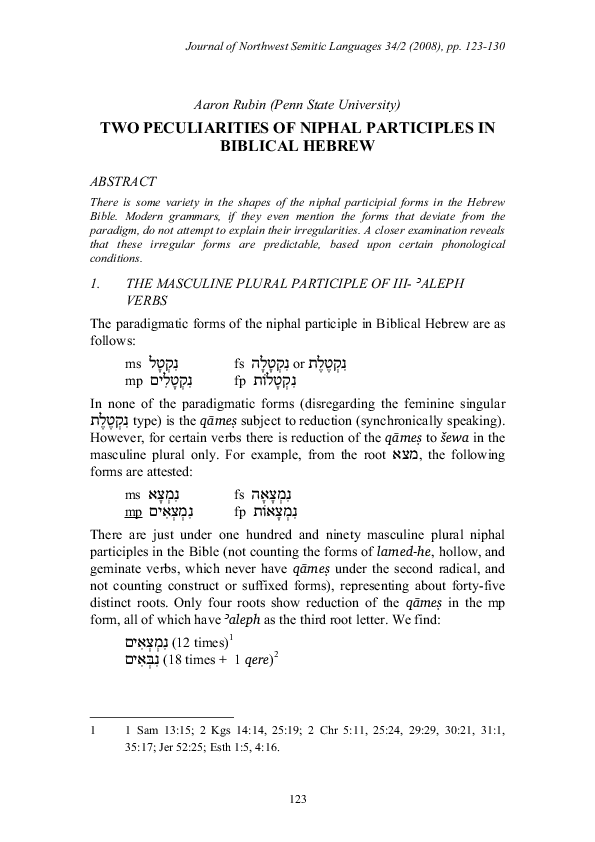 Two Peculiarities of Niphal Participles in Biblical Hebrew