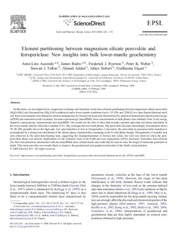 (PDF) Element partitioning between magnesium silicate perovskite and ferropericlase: New ...