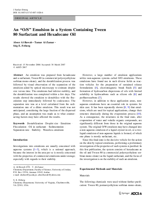 (PDF) An “O/S” Emulsion in a System Containing Tween 80 Surfactant and ...