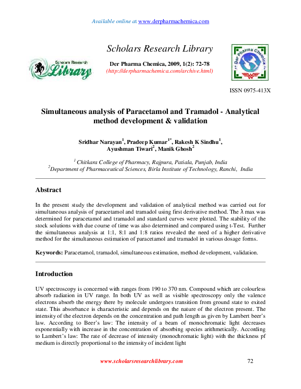 Pdf Simultaneous Analysis Of Paracetamol And Tramadol Analytical Method Development And Validation