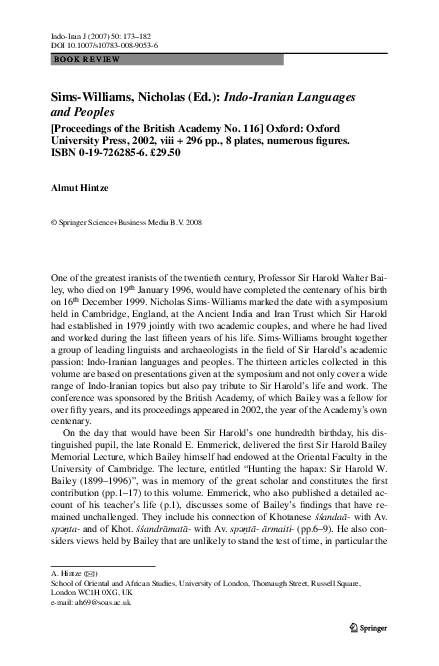 (PDF) 2007. Review: Nicholas Sims-Williams (ed.): Indo-Iranian ...