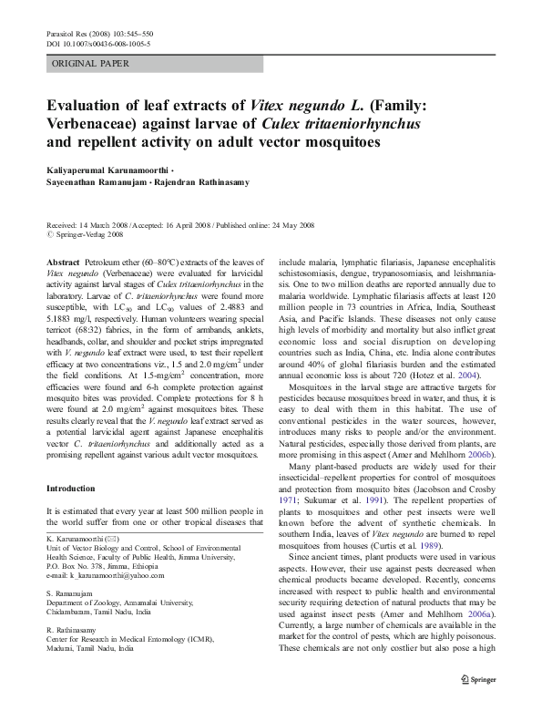 (PDF) Evaluation of leaf extracts of Vitex negundo L.(Family: Verbenaceae) against larvae of ...