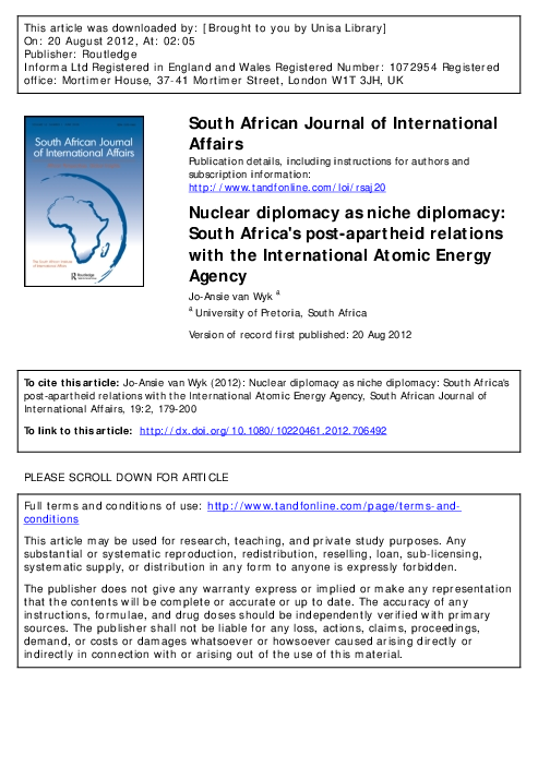 (PDF) Nuclear diplomacy as niche diplomacy: South Africa's post ...