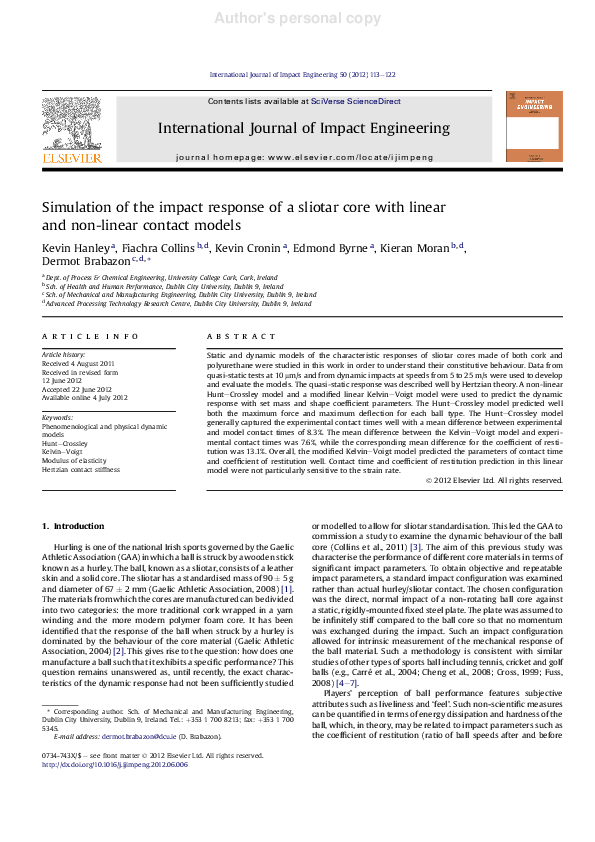 (PDF) Simulation of the impact response of a sliotar core with linear ...
