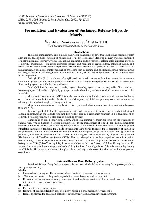 Pdf Formulation And Evaluation Of Sustained Release Glipizide Matrix