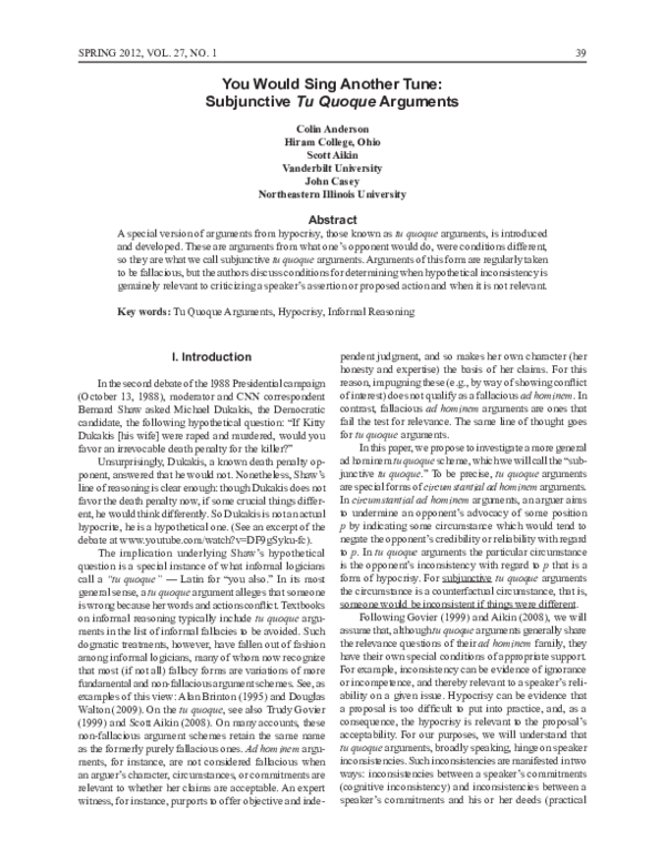 (PDF) Tu quoque arguments, subjunctive inconsistency, and questions of ...