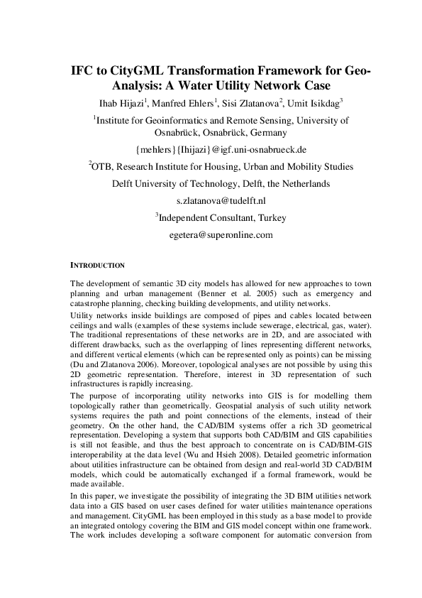 (PDF) IFC to CityGML Transformation Framework for Geo-Analysis: A Water Utility Network Case