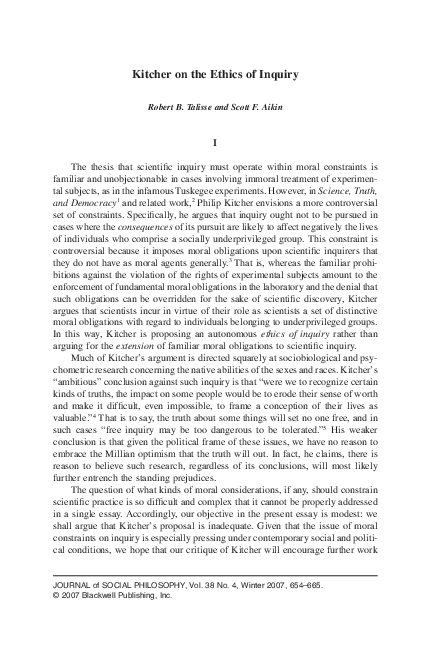 (PDF) Kitcher and the Ethics of Inquiry (With Robert Talisse)