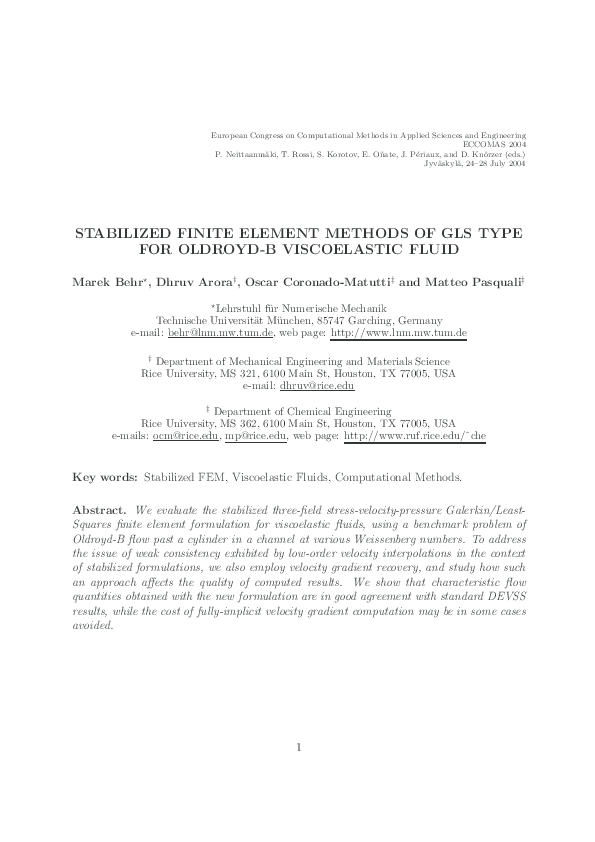 (PDF) STABILIZED FINITE ELEMENT METHODS OF GLS TYPE FOR OLDROYD-B VISCOELASTIC FLUID