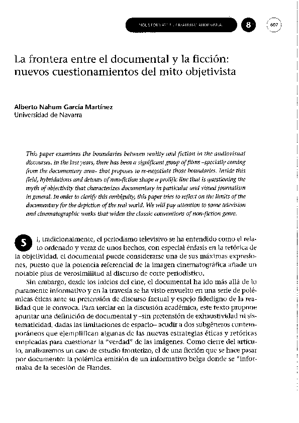(PDF) La frontera entre el documental y la ficción: nuevos cuestionamientos del mito objetivista ...
