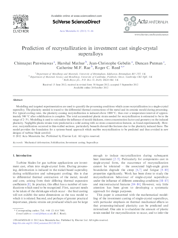 (PDF) Prediction of Recrystallization in Investment Cast Single-Crystal Superalloys