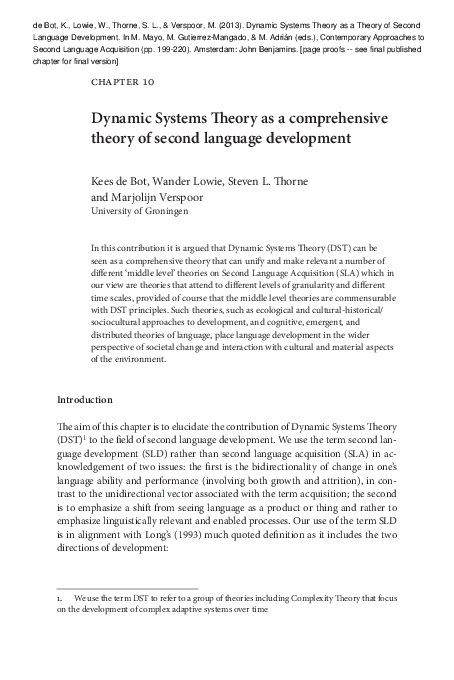 (PDF) de Bot, K., Lowie, W., Thorne, S. L., & Verspoor, M. (2013). Dynamic Systems Theory as a ...