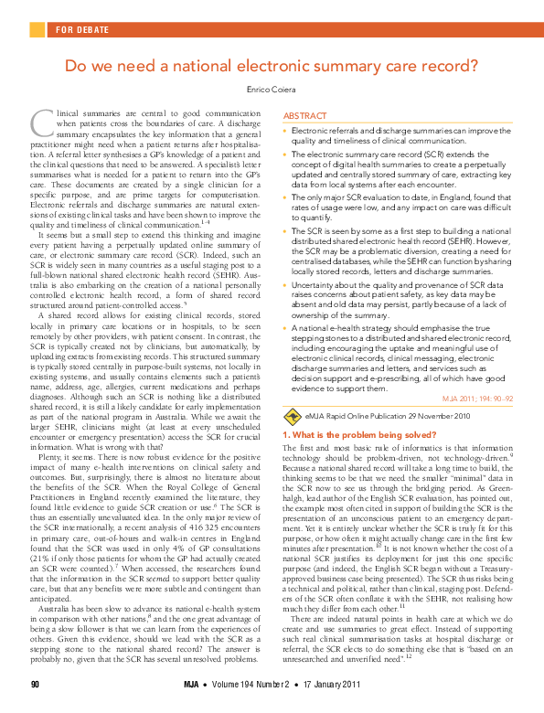 (PDF) Do we need a national electronic summary care record