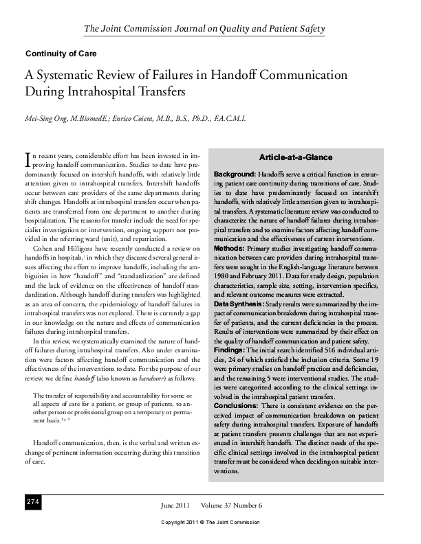 (PDF) A systematic review of failures in handoff communication during ...