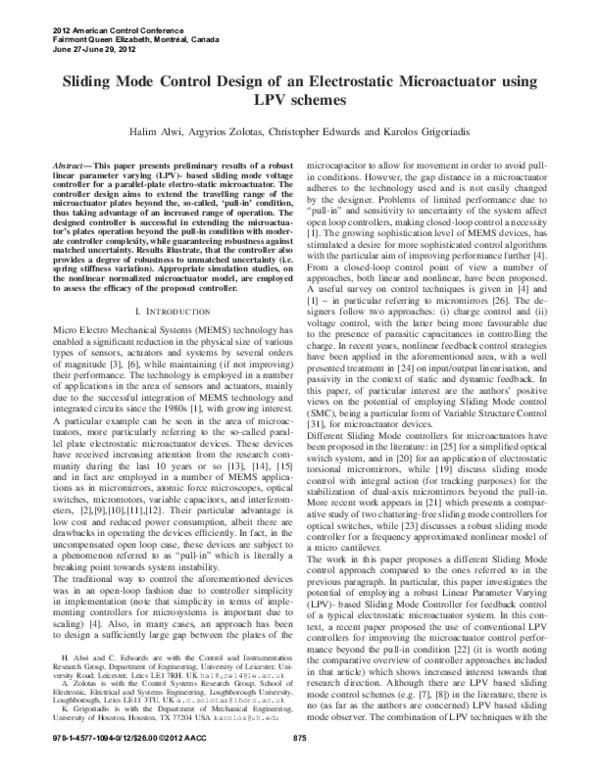 (PDF) Sliding mode control design of an electrostatic microactuator using LPV schemes