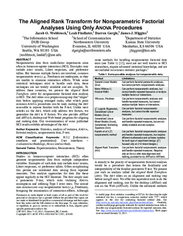 (PDF) The Aligned Rank Transform for nonparametric factorial analyses using only ANOVA procedures
