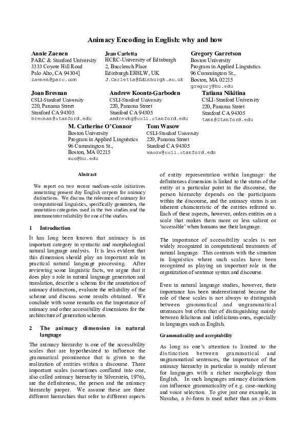 (PDF) Animacy Encoding in English: why and how