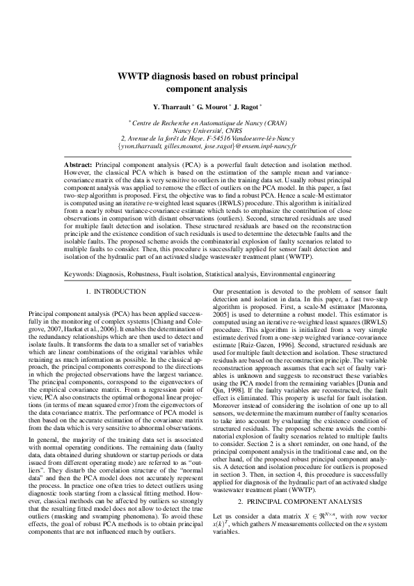(PDF) WWTP diagnosis based on robust principal component analysis