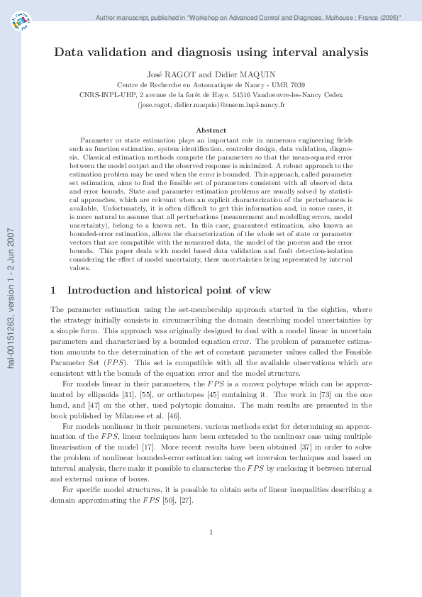 (PDF) Data validation and diagnosis using interval analysis