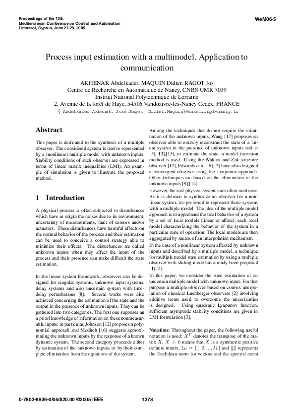 (PDF) Process input estimation with a multimodel. Application to communication