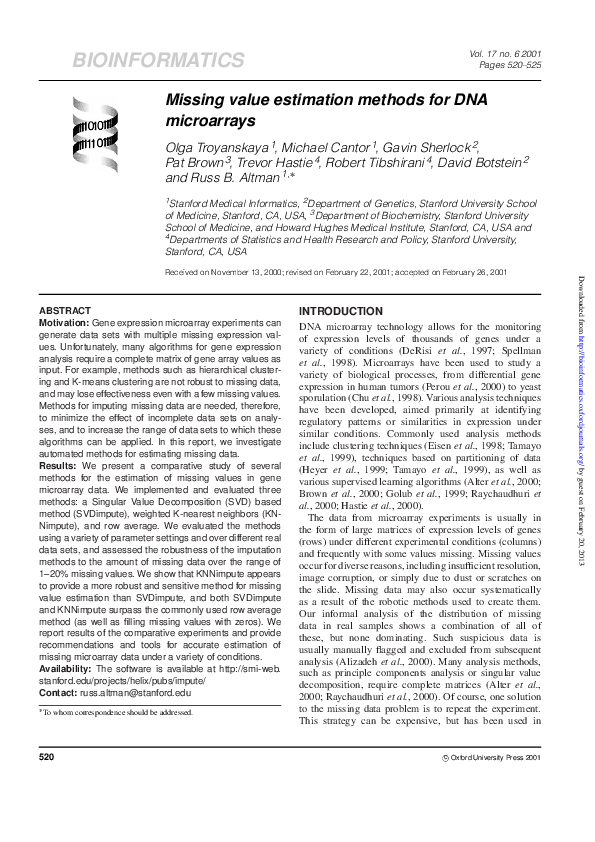Pdf Missing Value Estimation Methods For Dna Microarrays