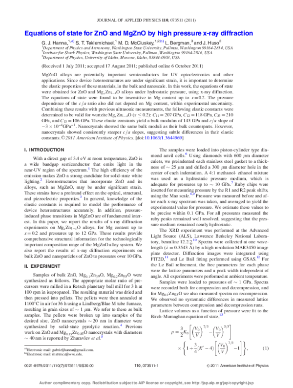 (PDF) Equations of state for ZnO and MgZnO by high pressure x-ray ...