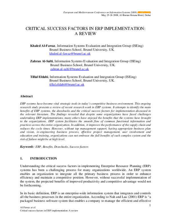 (PDF) Critical success factors in ERP implementation: A review