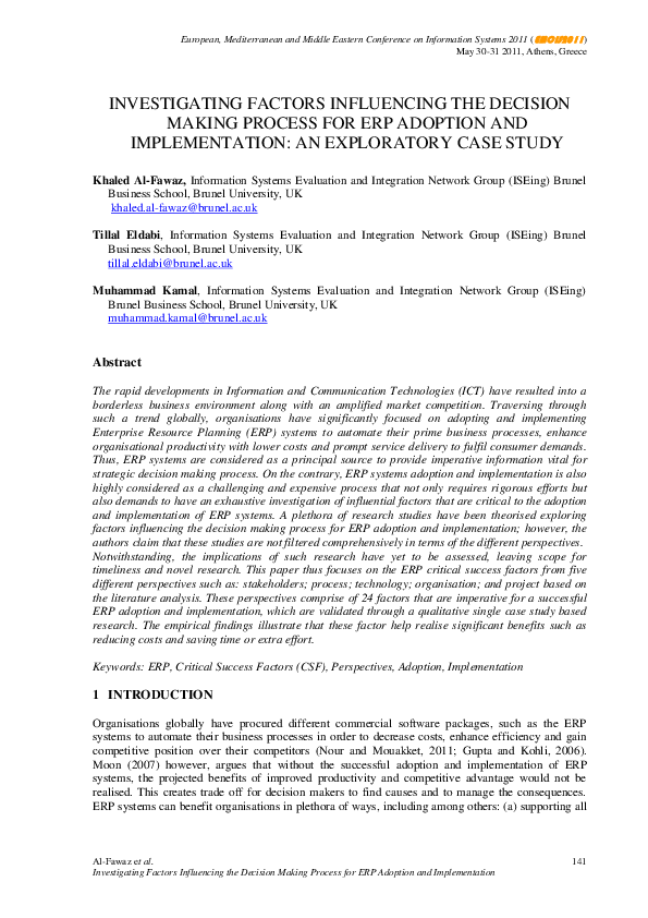 (PDF) Investigating factors influencing the decision making process for ERP adoption and ...