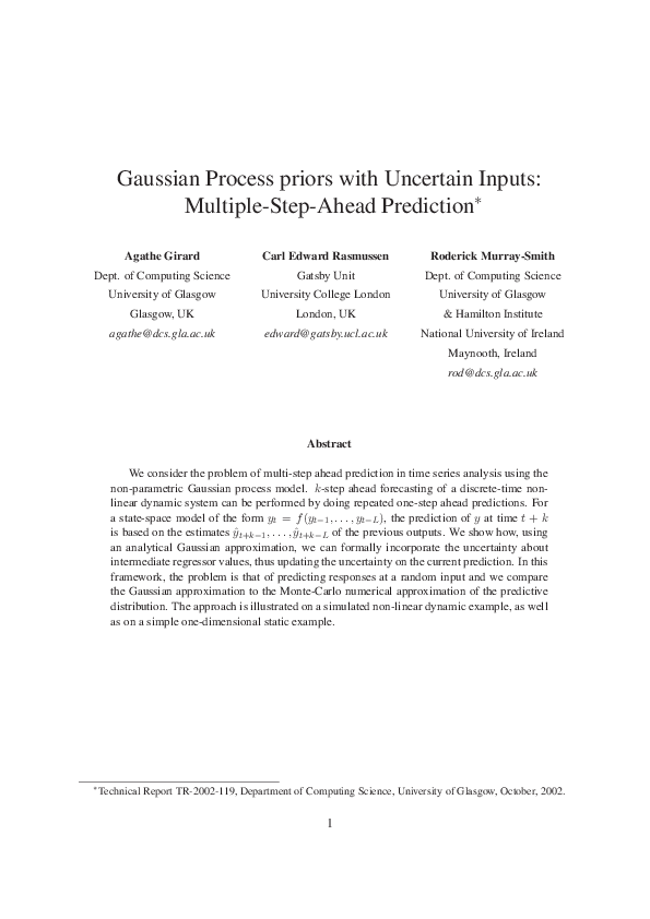 (PDF) Gaussian process priors with uncertain inputs: Multiple-step ahead prediction