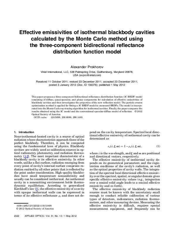 (PDF) Effective emissivities of isothermal blackbody cavities calculated by the Monte Carlo ...
