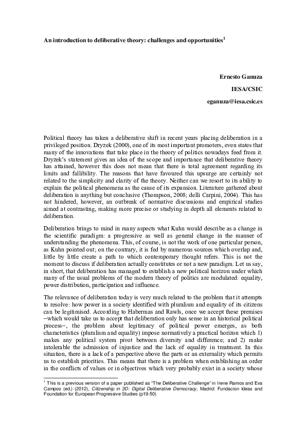 (PDF) An introduction to deliberative theory: challenges and opportunities