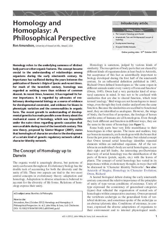 (PDF) Homology and Homoplasy: A Philosophical Perspective