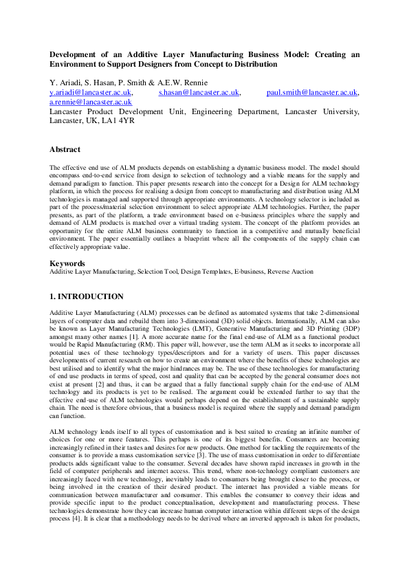 (PDF) Development of an Additive Layer Manufacturing (ALM) Business ...