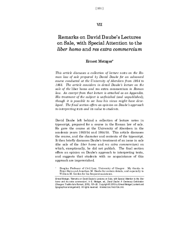 (PDF) Remarks on David Daube’s Lectures on Sale, with Special Attention ...