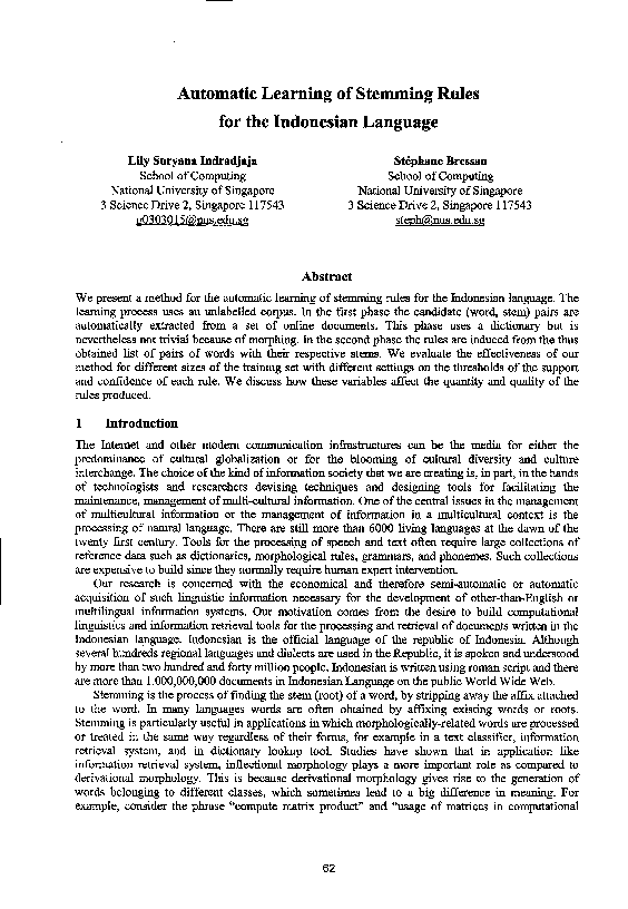 Pdf Automatic Learning Of Stemming Rules For The Indonesian Language