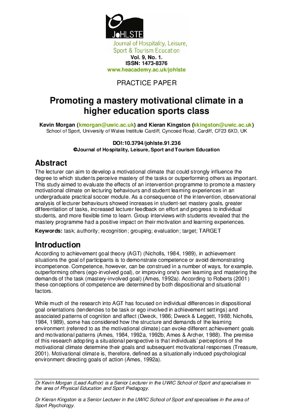(PDF) Promoting a mastery motivational climate in a higher education ...