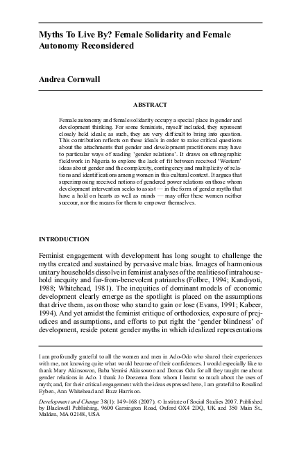 (PDF) Myths To Live By? Female Solidarity and Female Autonomy Reconsidered
