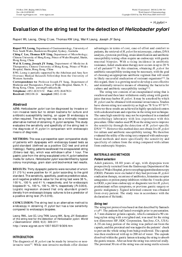 (PDF) Evaluation of the string test for the detection of Helicobacter ...