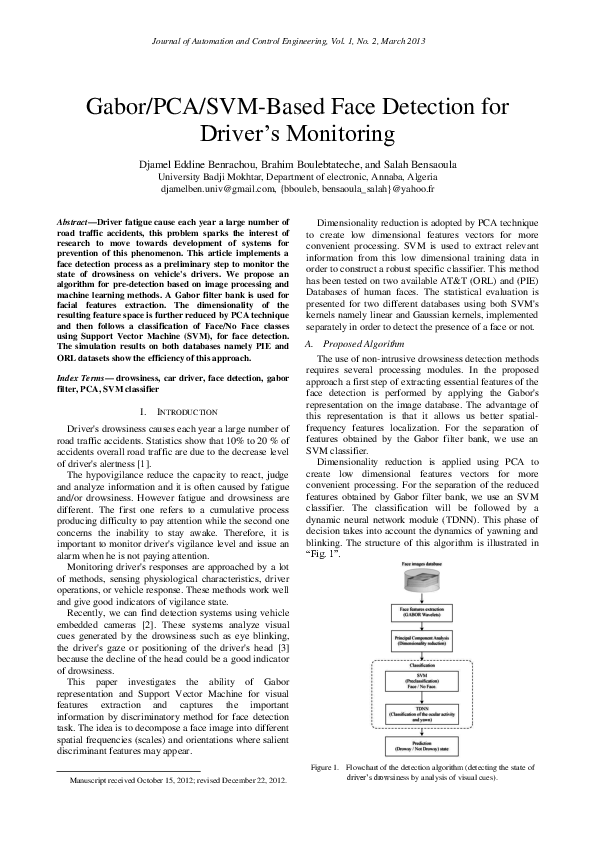 (PDF) Gabor/PCA/SVM-Based Face Detection for Driver’s Monitoring