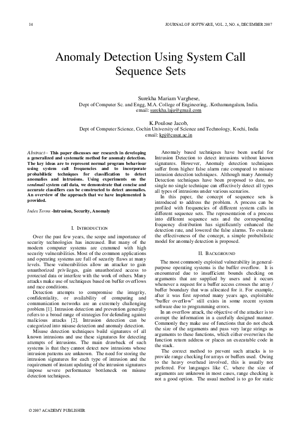 (PDF) Anomaly Detection Using System Call Sequence Sets