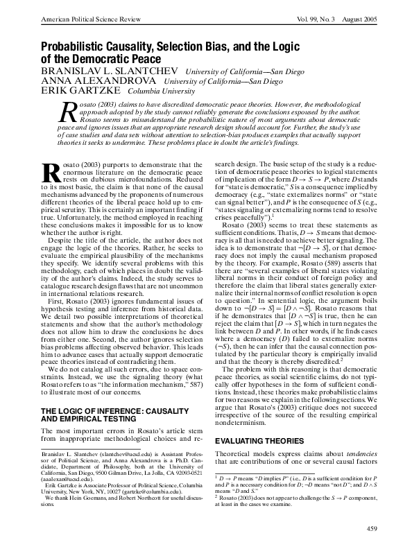 (PDF) Probabilistic Causality, Selection Bias, and the Logic of the Democratic Peace