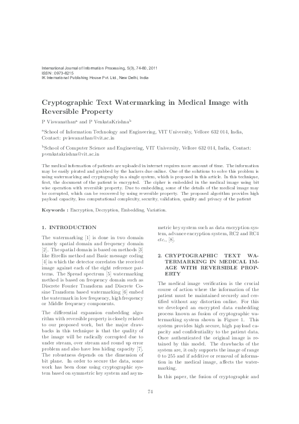 (PDF) Cryptographic Text Watermarking in Medical Image with Reversible ...