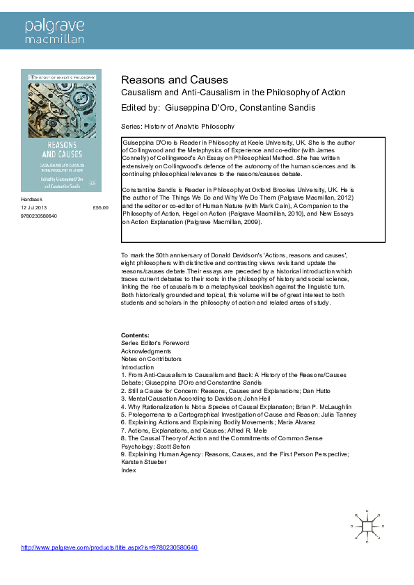 (PDF) Reasons and Causes: Causalism and Anti-Causalism in the Philosophy of Action