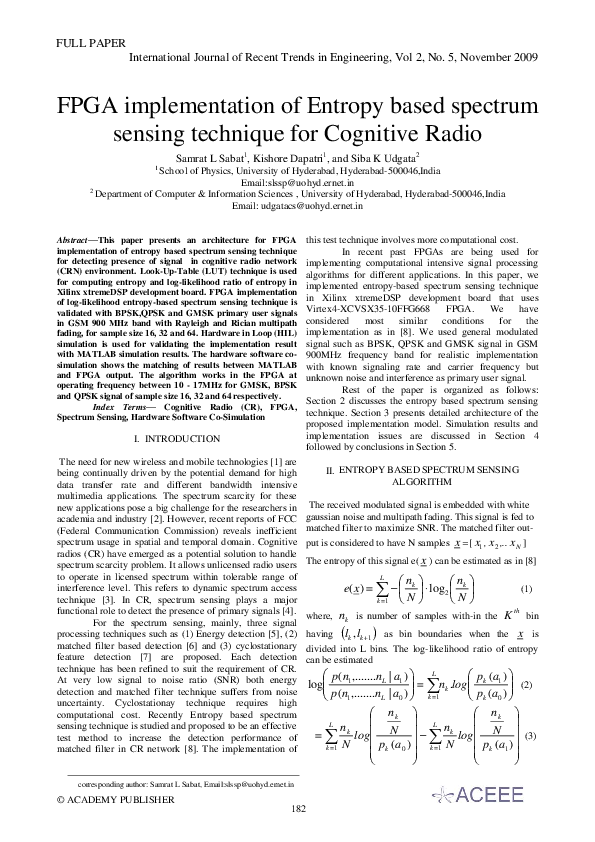 Pdf Fpga Implementation Of Entropy Based Spectrum Sensing Technique For Cognitive Radio