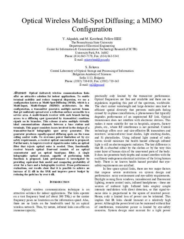 Pdf Optical Wireless Multispot Diffusing A Mimo Configuration