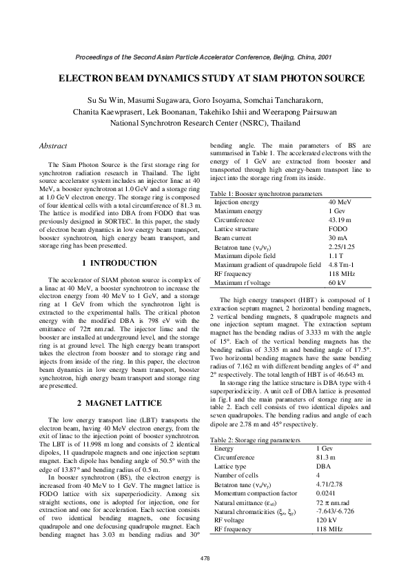(PDF) ELECTRON BEAM DYNAMICS STUDY AT SIAM PHOTON SOURCE