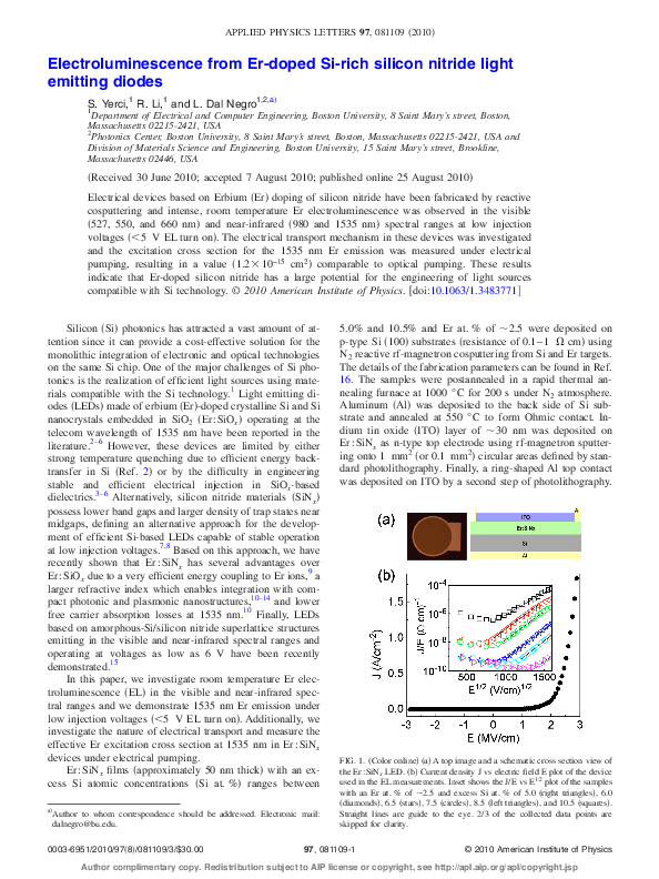 (PDF) Electroluminescence from Er-doped Si-rich silicon nitride light ...